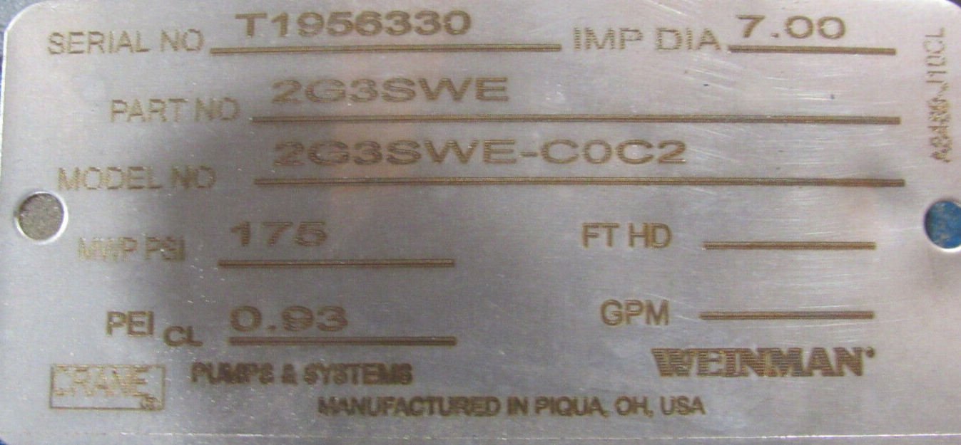 NEW WEINMAN 2G3SWE PUMP 10HP 2G3SWEC0C2 UJ10P1DJ FL55 - SB Industrial ...