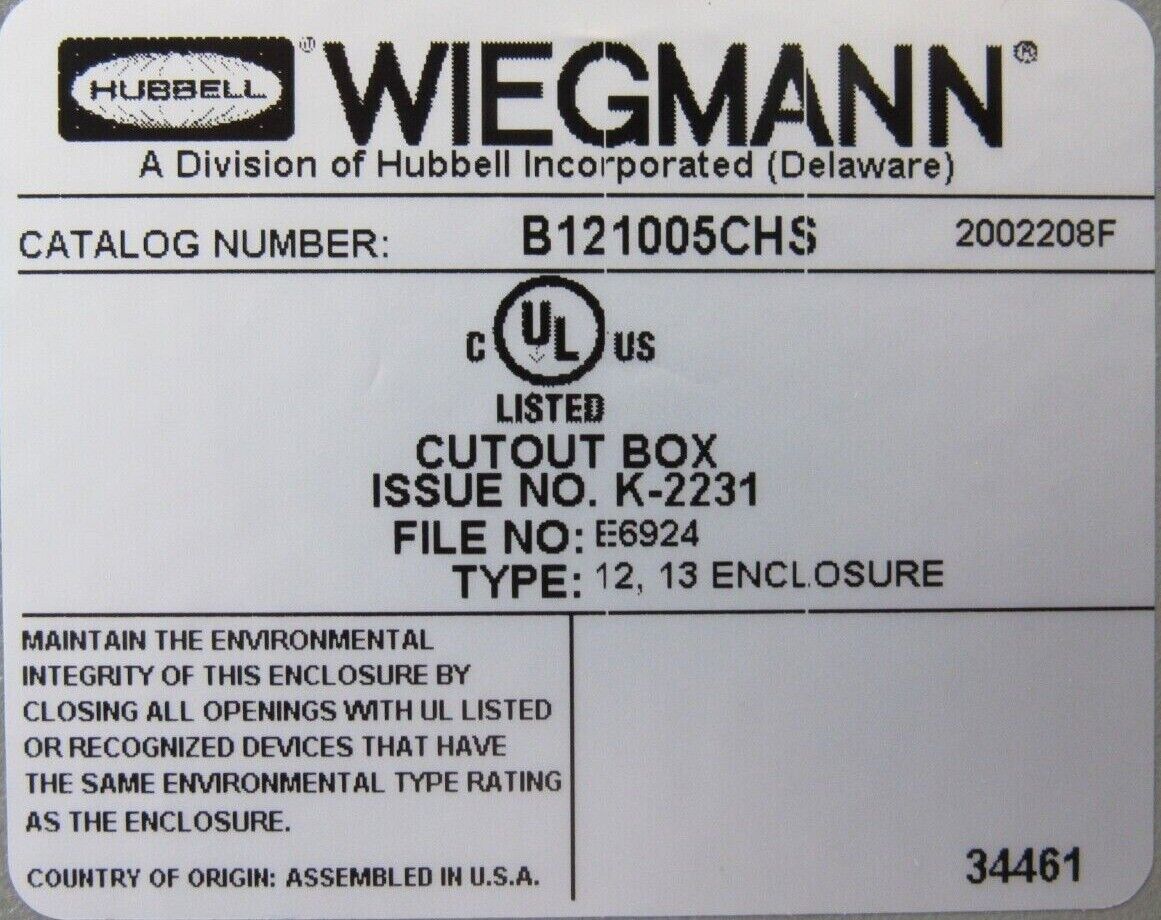 NEW WIEGMANN HUBBELL B121005CHS ENCLOSURE 10x12x5 - SB Industrial ...