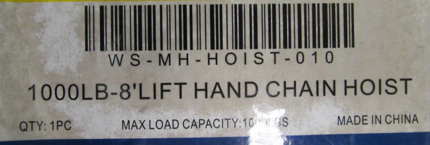 NEW WORK SMART WS-MH-HOIST-010 MANUAL CHAIN HOIST 1000 LBS MAX ...