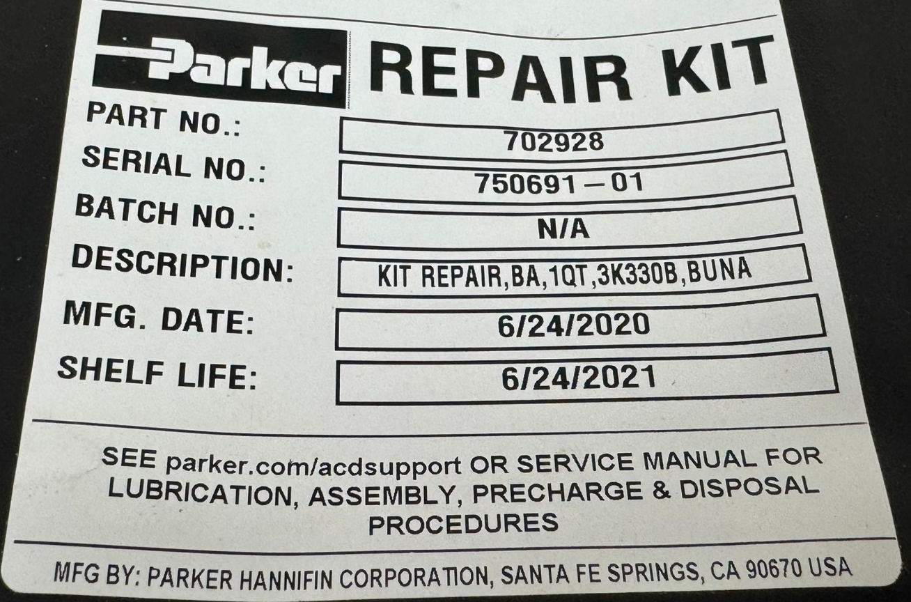 NEW PARKER 702928 BLADDER ACCUMULATOR REPAIR KIT 1QT 3K330B - SB ...