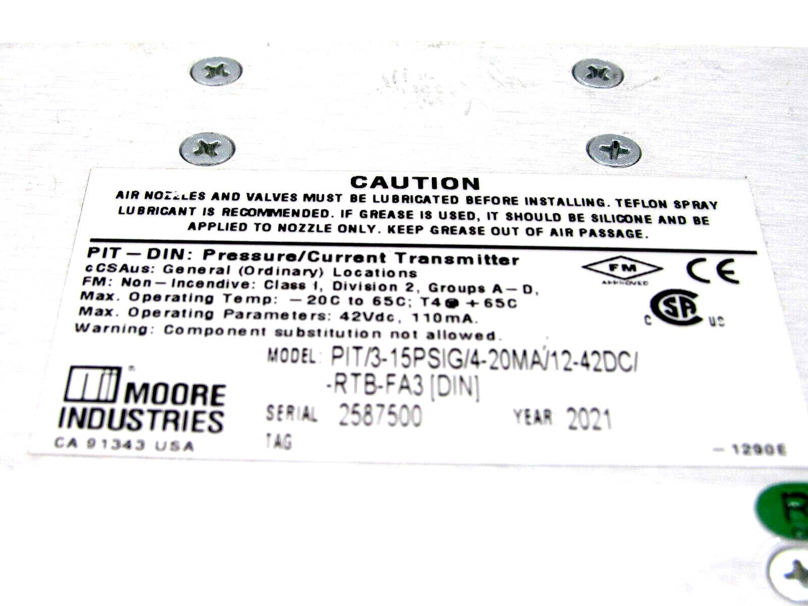 NEW MOORE INDUSTRIES PIT/3-15PSIG/4-20MA/12-42DC-RTB-FA3 TRANSMITTER ...