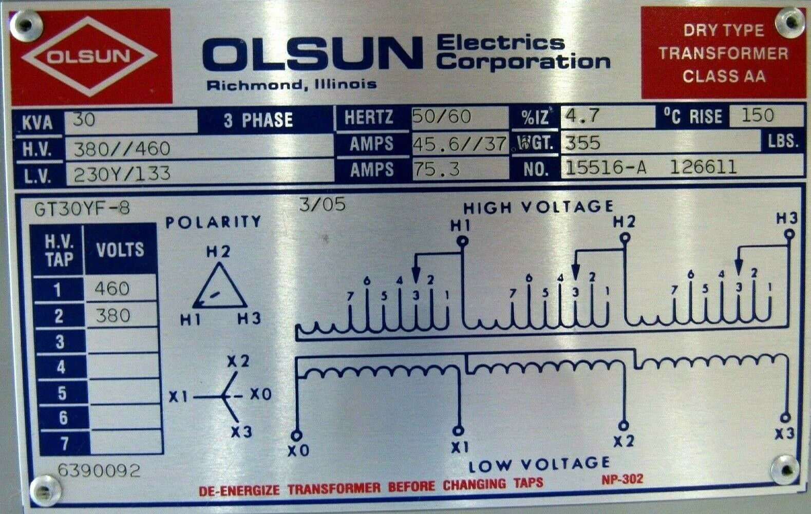 NEW OLSUN 0H220 TRANSFORMER 30 KVA 380/460V 50/60HZ 75.3A 15516-A ...