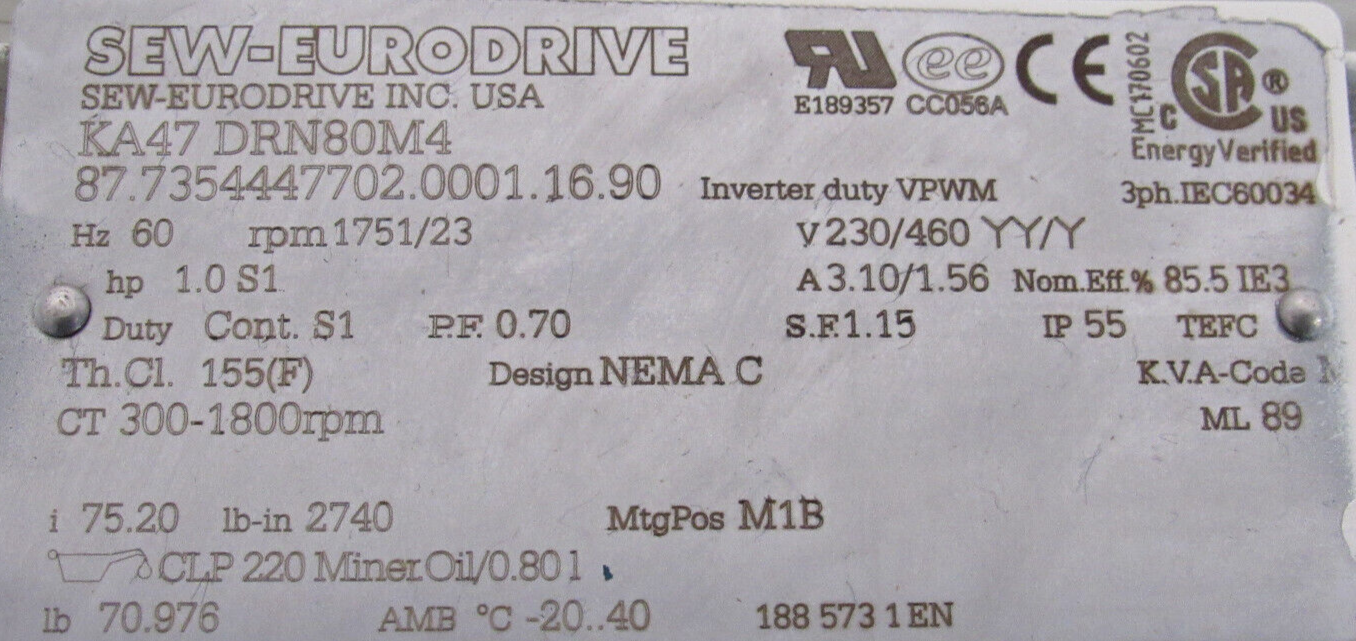 NEW SEW EURODRIVE KA47 DRN80M4 GEARMOTOR 75.20 230/460V KA47DRN80M4 ...