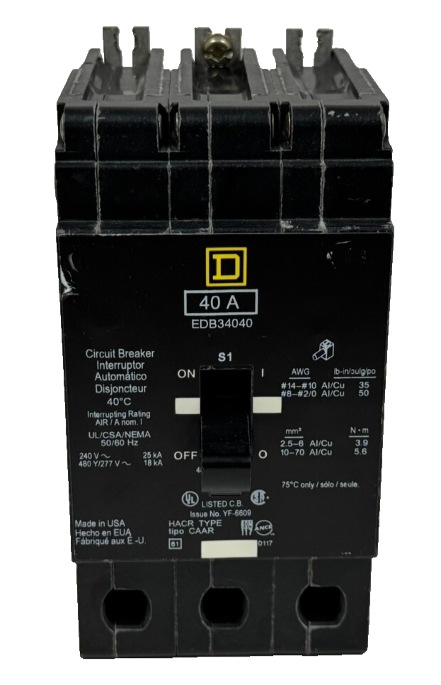 NEW SQUARE D EDB34040 CIRCUIT BREAKER 40A 3P HACR CAAR - SB Industrial ...