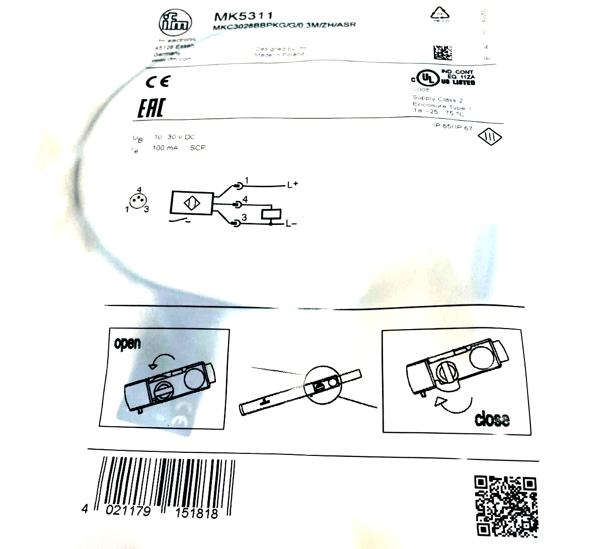 NEW IFM MKC3028BBPKG/G/0,3M/ZH/ASR-MK5311 CYLINDER SENSOR - SB ...