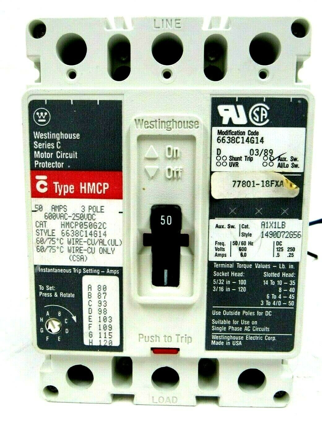 NEW WESTINGHOUSE HMCP050G2C CIRCUIT BREAKER 3 POLE 50A 6638C14G14 - SB ...