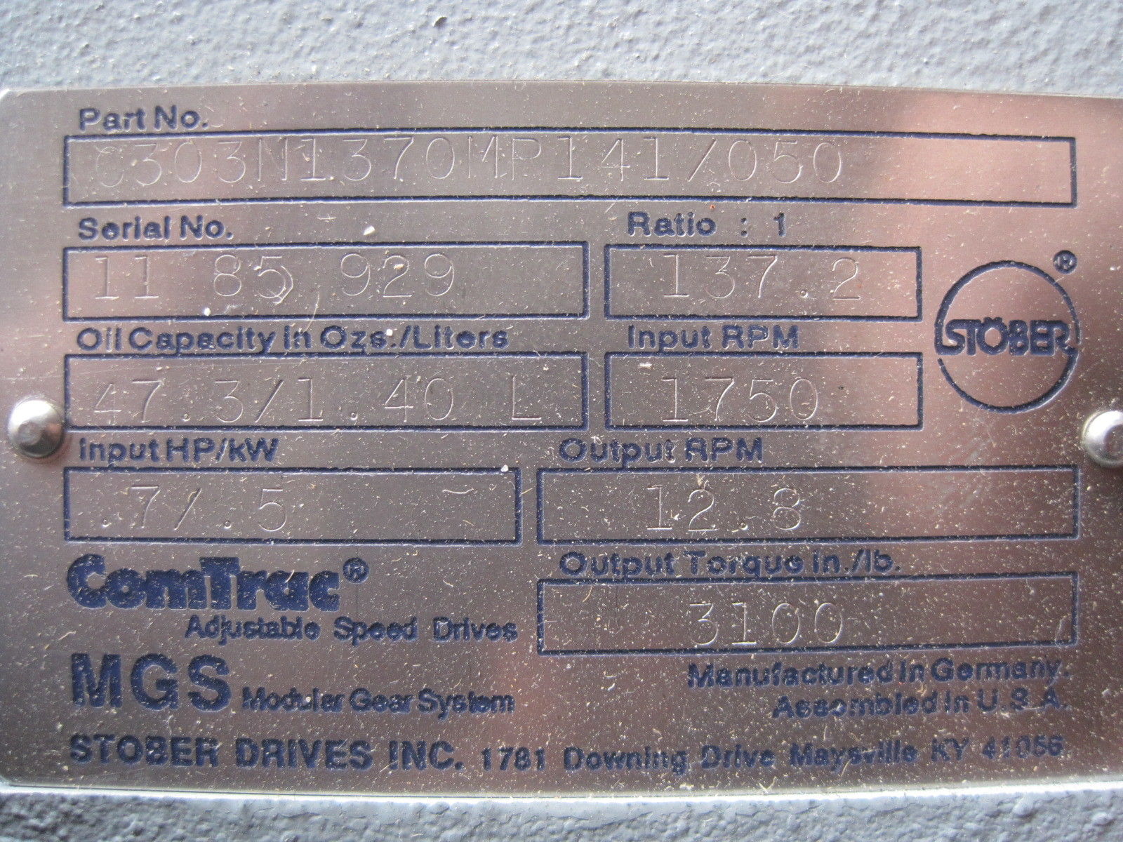 NEW STOBER DRIVES INC. C303N1370MR141/050 GEAR REDUCER - SB Industrial ...