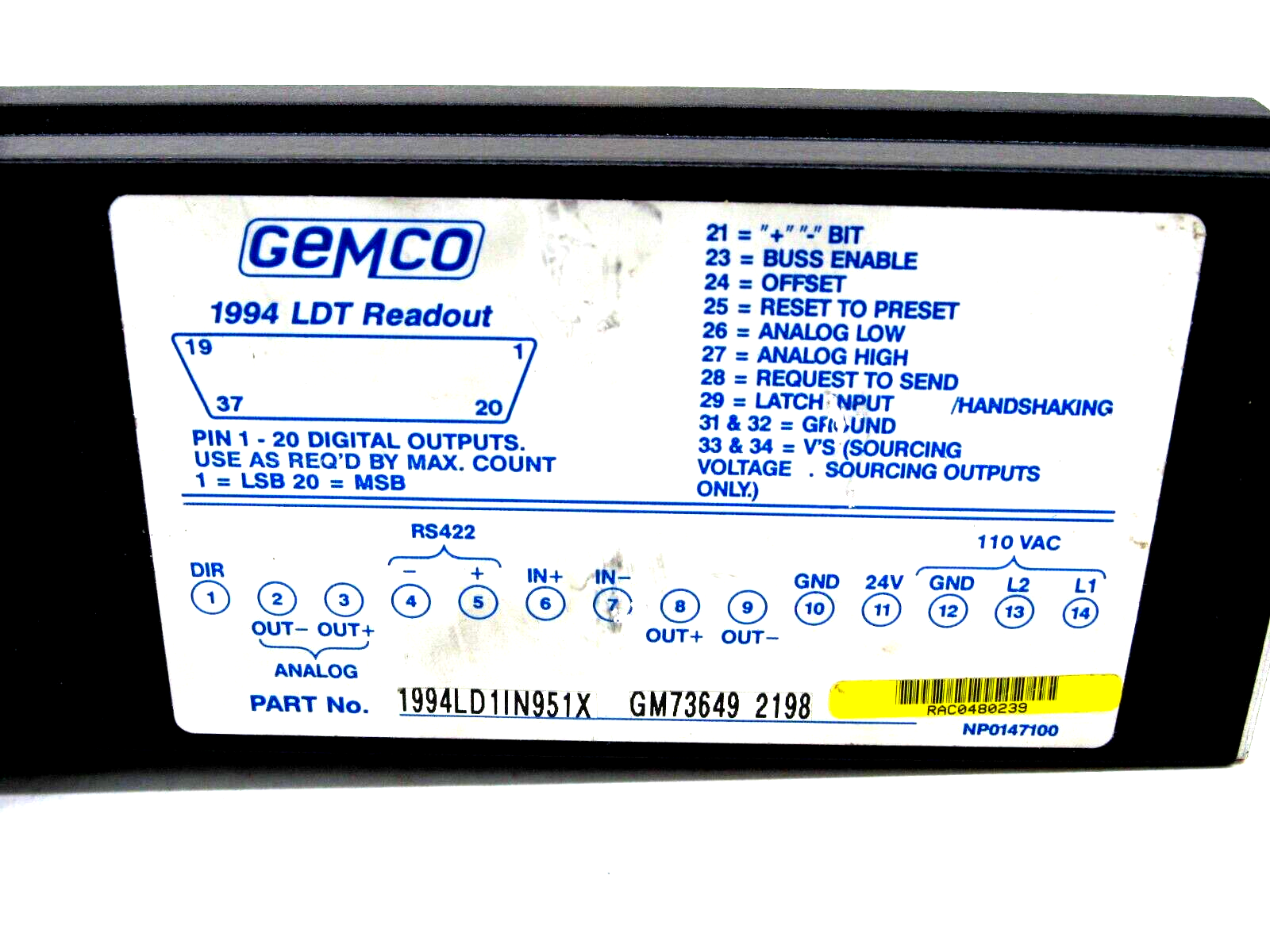 NEW GEMCO 1994-LD-1-IN-951-X QUIK-STIK DISPLAY MONITOR 1994LD1IN951X ...