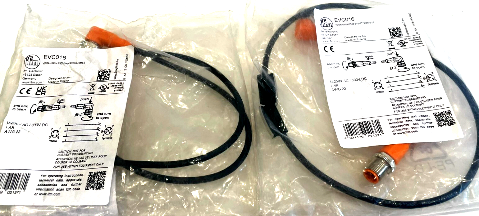 NEW IFM EFECTOR VDOAH040MSS00,6H04STGH040MSS EVC016 CABLE 0.6M LOT OF 2 - SB Industrial Supply, Inc.