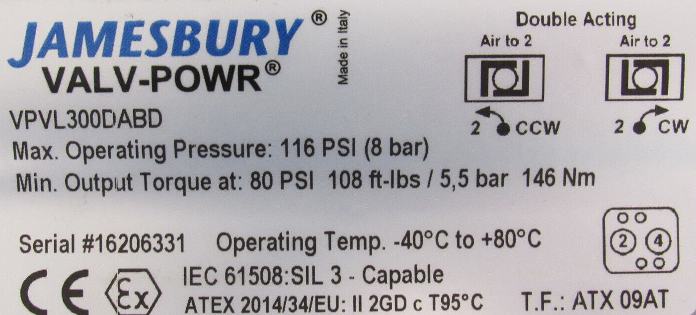 NEW JAMESBURY VPVL300DABD VALVE ACTUATOR DOUBLE ACTING - SB Industrial ...