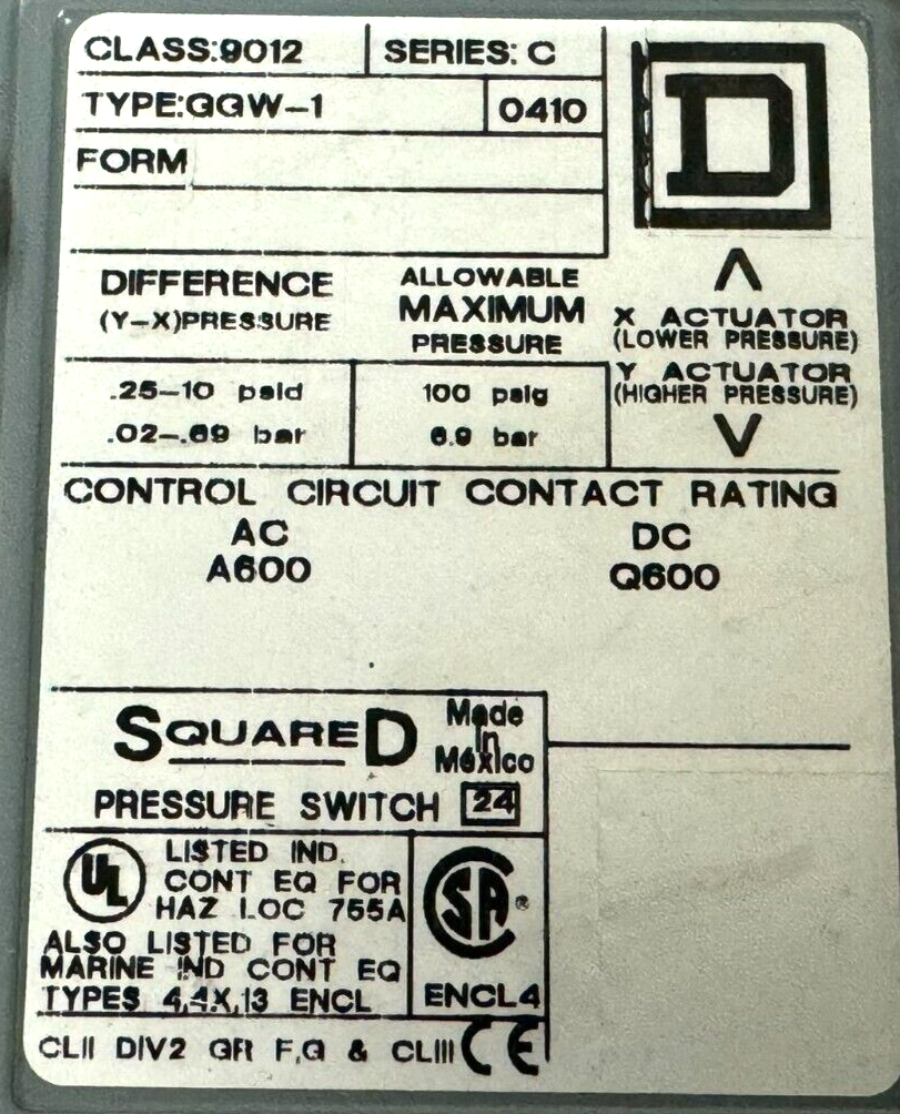 NEW SQUARE D 9012 GGW-1 DIFFERENTIAL PRESSURE SWITCH SER. C 480VAC 10A ...
