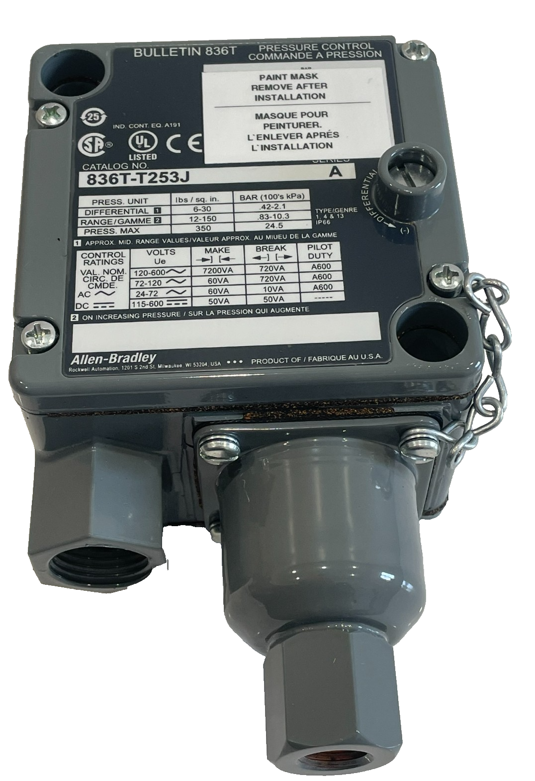 ALLEN BRADLEY 836T-T253J PRESSURE CONTROL SER. A 836TT253J NEW, SURPLUS ...