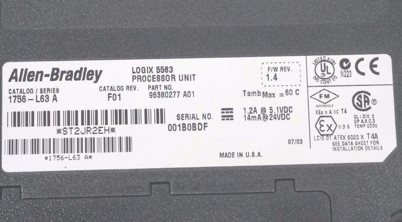 USED ALLEN BRADLEY 1756-L63 PROCESSOR UNIT SER. A, CAT. REV. F01 ...