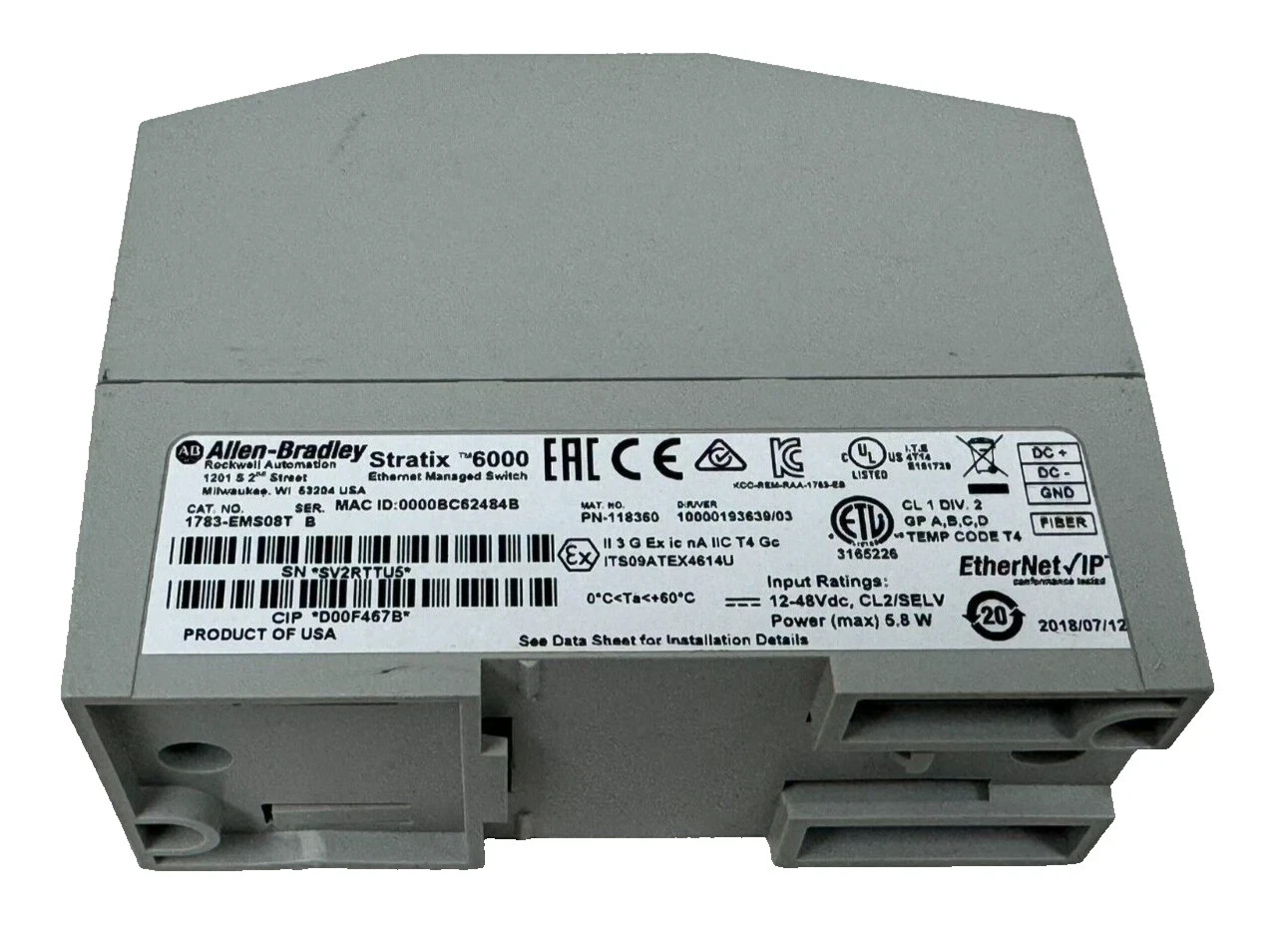 ALLEN BRADLEY 1783-EMS08T STRATIX 6000 ETHERNET SWITCH 8-PORT SER. B ...