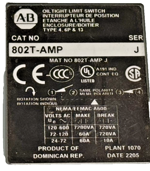 ALLEN BRADLEY 802T-AMP LIMIT SWITCH SER.J 802TAMP NEW SURPLUS - SB ...