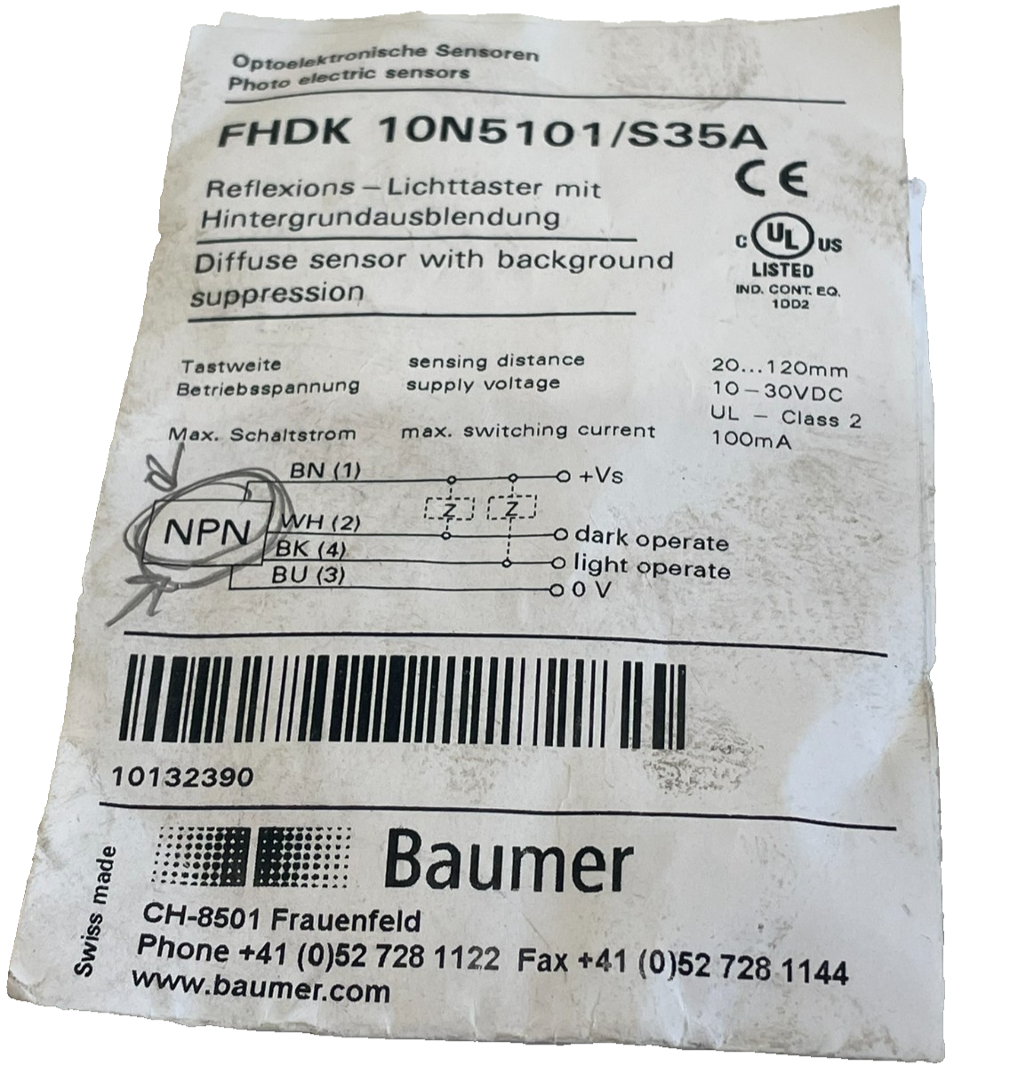 NEW BAUMER FHDK 10N5101/S35A DIFFUSE PHOTOELECTRIC SENSOR - SB ...