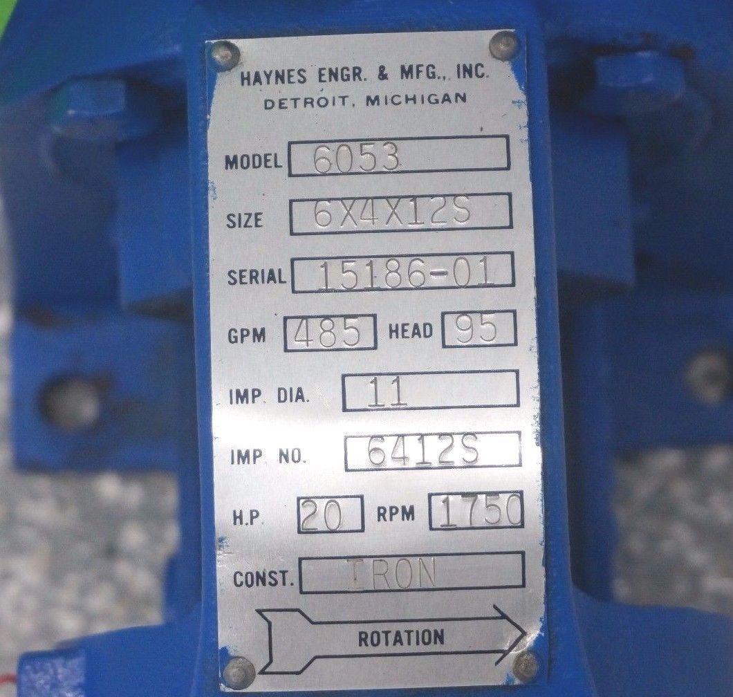 NEW HAYNES ENGR. & MFG MODEL: 6053 PUMP 6X4X12S - SB Industrial Supply ...