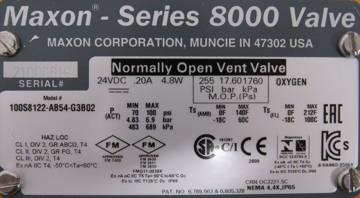 NEW MAXON 100S8122-AB54-G3B02 GAS VALVE 1" SERIES 8000 ...