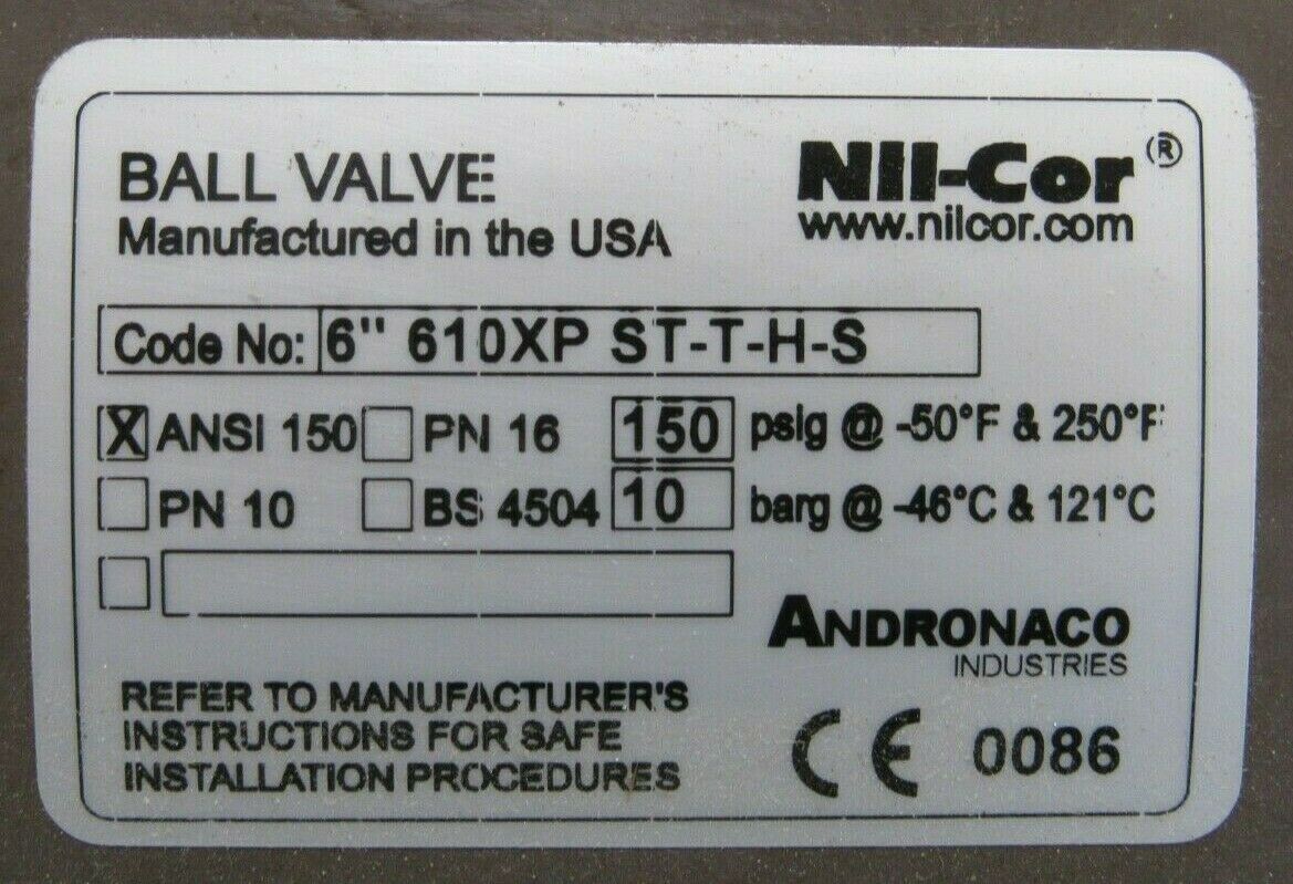 NEW NIL-COR 610XP BALL VALVE 6" 610XP ST-T-H-S - SB Industrial Supply, Inc.