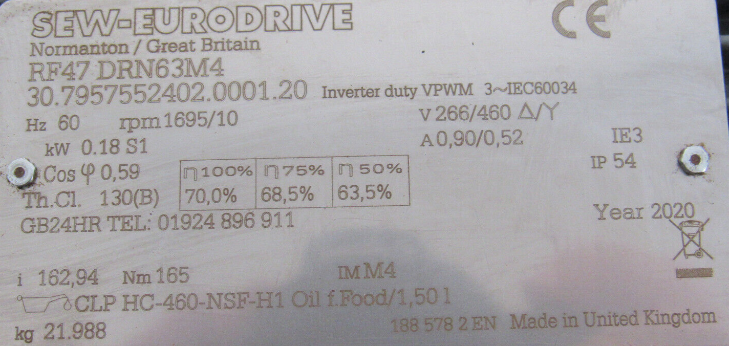 NEW SEW EURODRIVE RF47 DRN63M4 GEARMOTOR 162.94 RF47DRN63M4 - SB ...