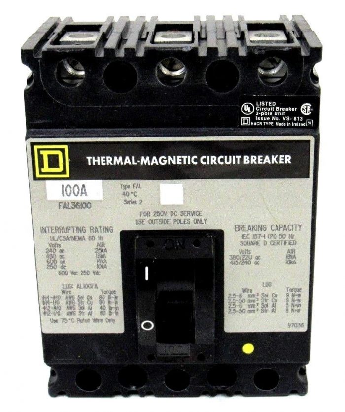 NEW SQUARE D FAL36100 CIRCUIT BREAKER 3 POLES 100A 600VAC 250VDC - SB ...