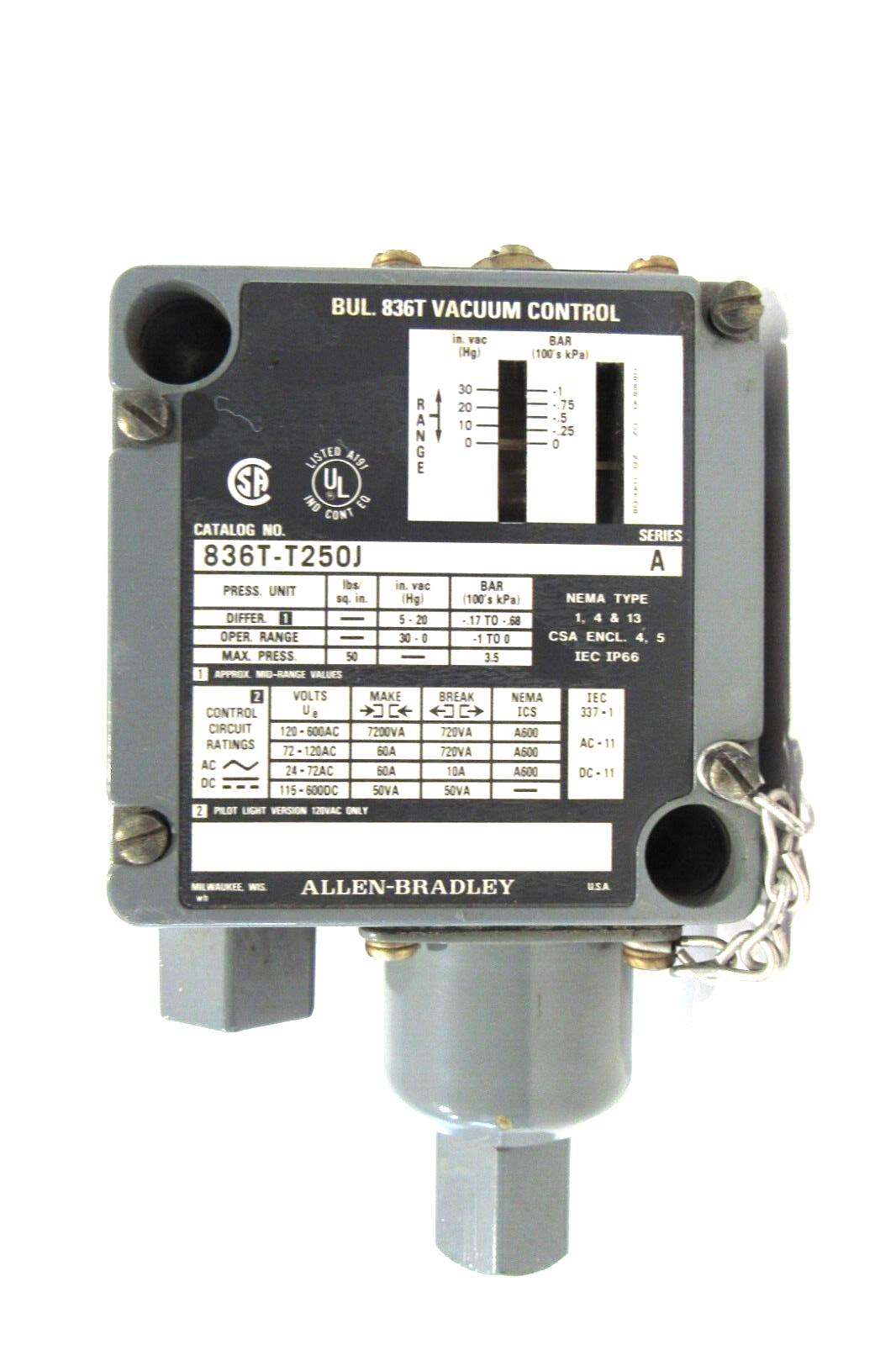 836T-T250J PRESSURE SWITCH PRE-OWNED UNUSED SURPLUS SER.A 836TT250J ...