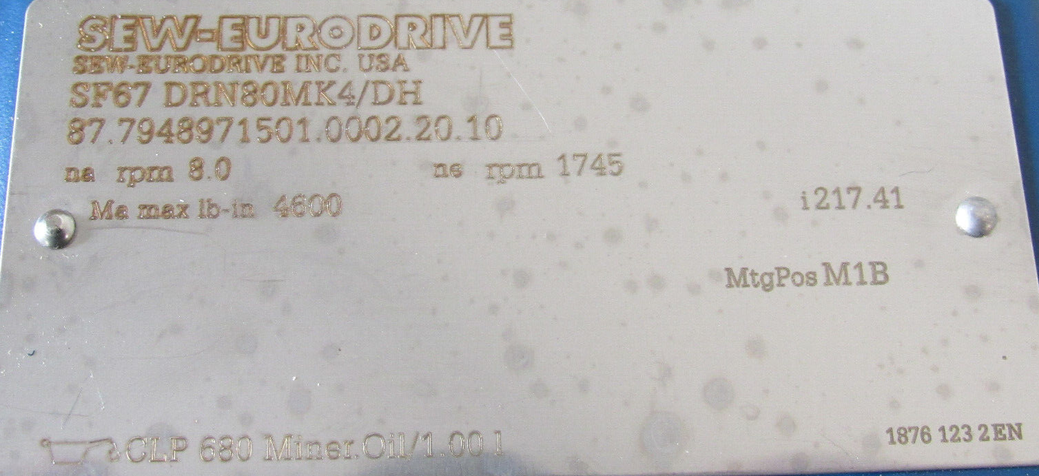 NEW SEW EURODRIVE SF67 DRN80MK4/DH GEARMOTOR 230/460V SF67DRN80MK4DH ...