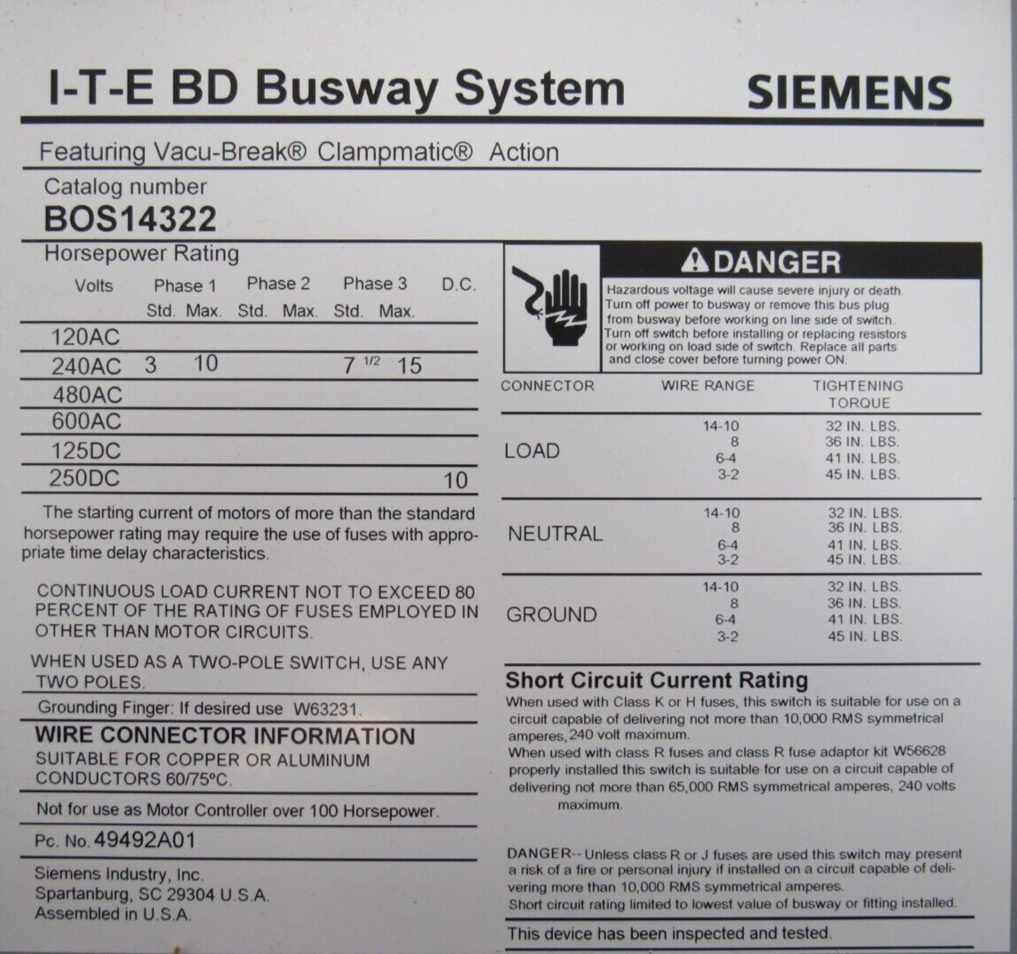 NEW SIEMENS BOS14322 BUS PLUG 3P 60A 240V - SB Industrial Supply, Inc.