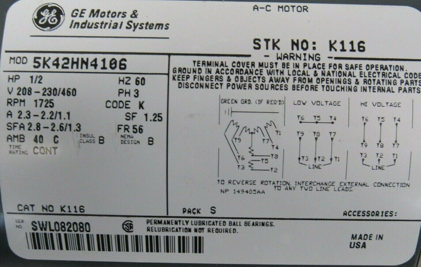 NEW GE K116 MOTOR 1/2HP 208-230/460V 1725RPM 5/8" DIA. 5K42HN4106 - SB ...