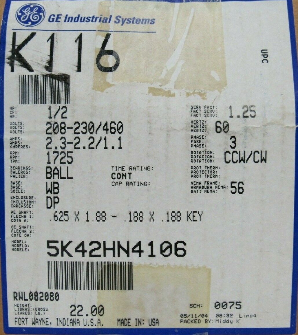 NEW GE K116 MOTOR 1/2HP 208-230/460V 1725RPM 5/8" DIA. 5K42HN4106 - SB ...