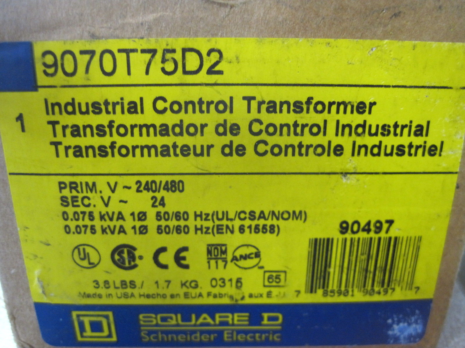 NEW SQUARE D 9070-T75D2 CONTROL TRANSFORMER 9070T75D2 - SB Industrial ...