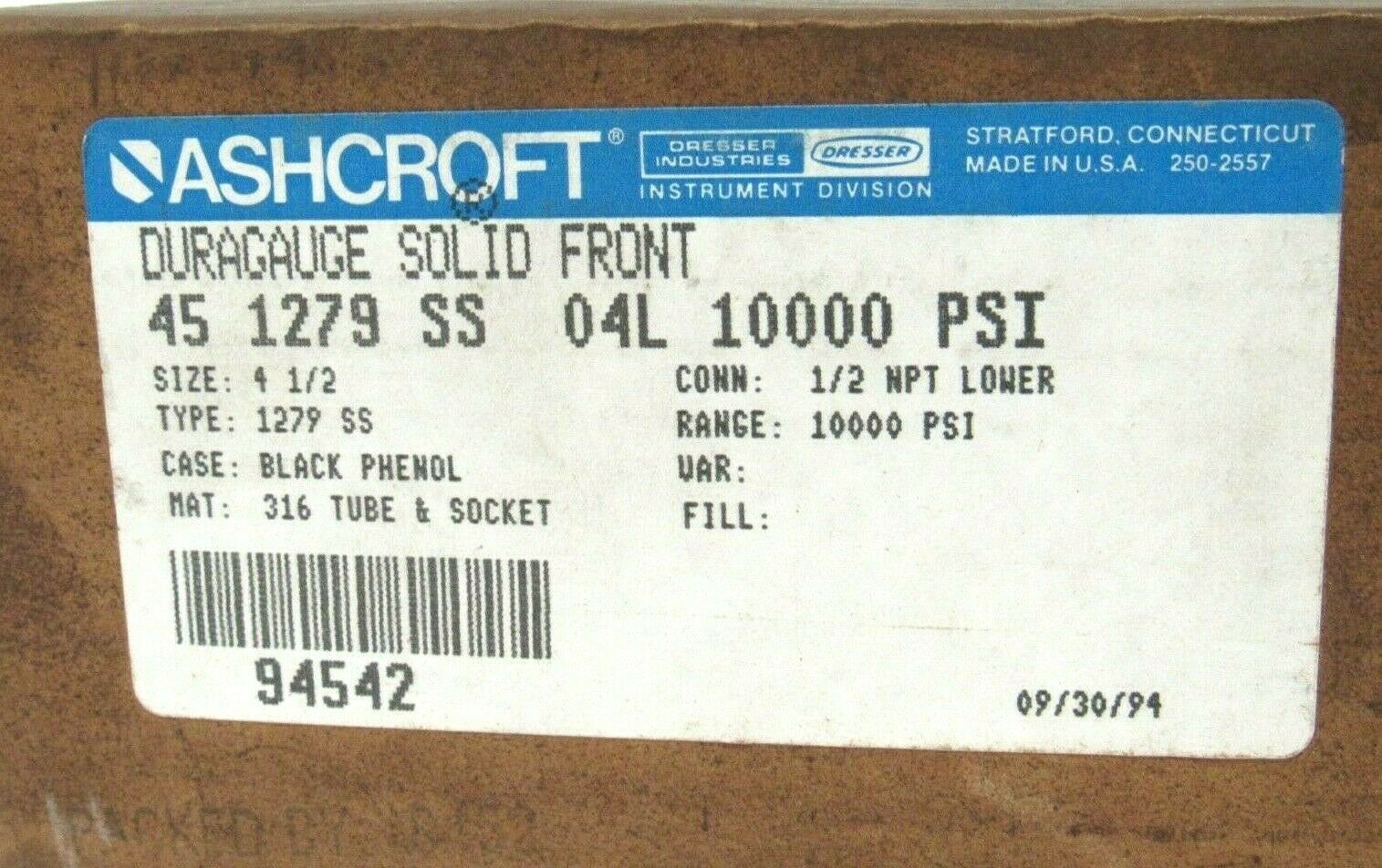 NEW ASHCROFT 45-1279-SS-04L-10000 PRESSURE GAUGE 451279SS04L10000 - SB ...