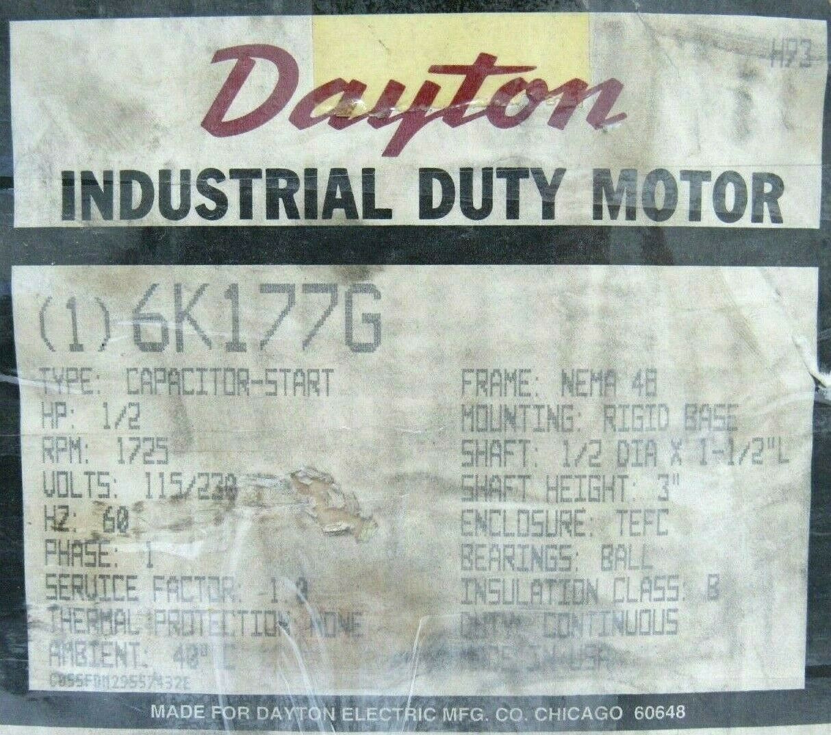 NEW DAYTON 6K177G ELECTRIC MOTOR 1/2HP 1725 RPM 115/230V - SB ...