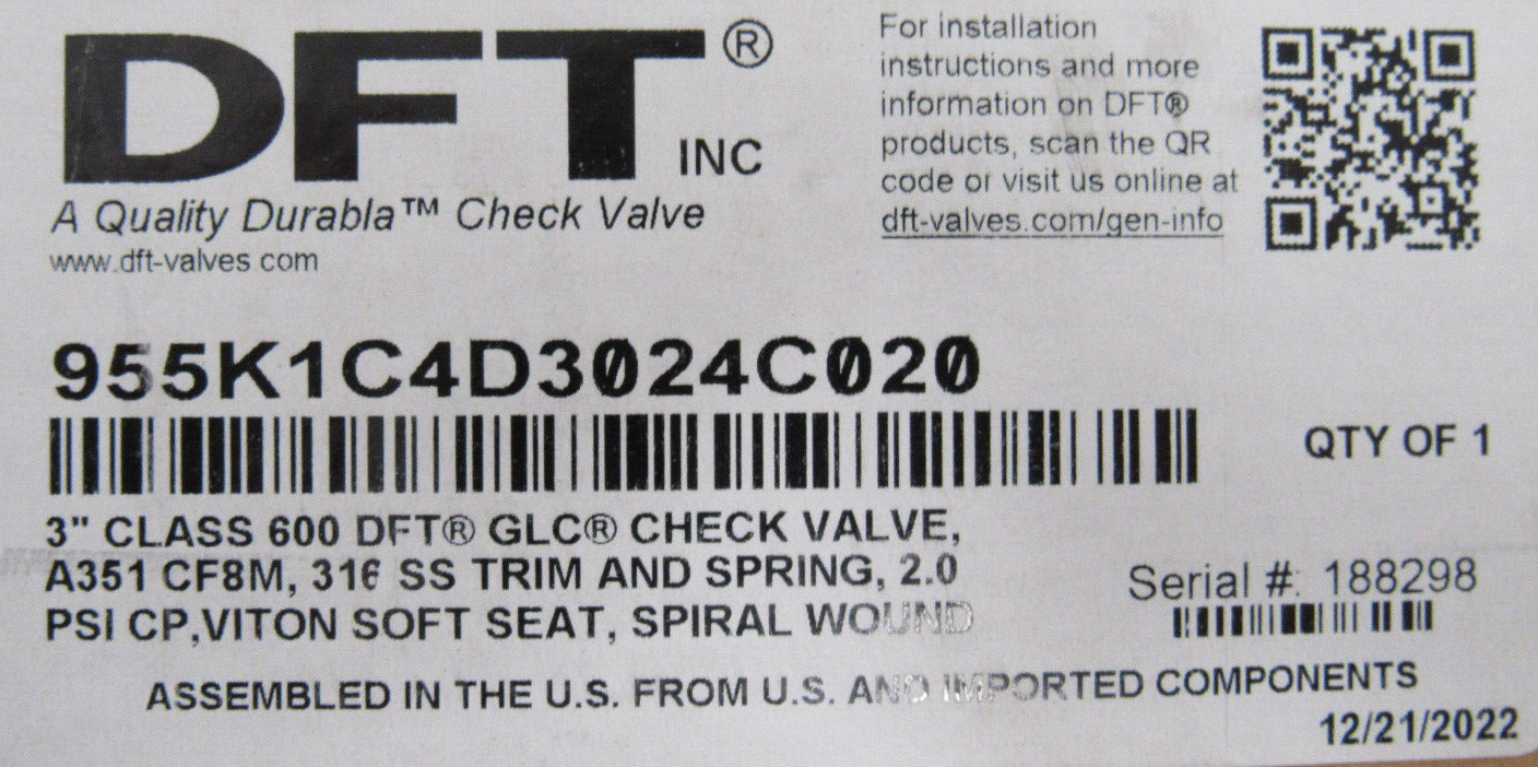 NEW DFT 955K1C4D3024C020 CHECK VALVE 3" - SB Industrial Supply, Inc.