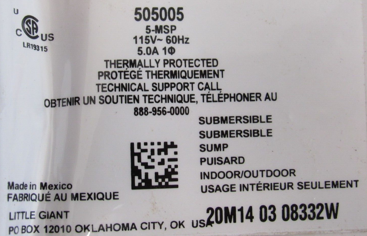 Utility Pump 505202 5-MSP 230V 60Hz, 1/6 HP, 1200 GPH, 230V - Esupply ...