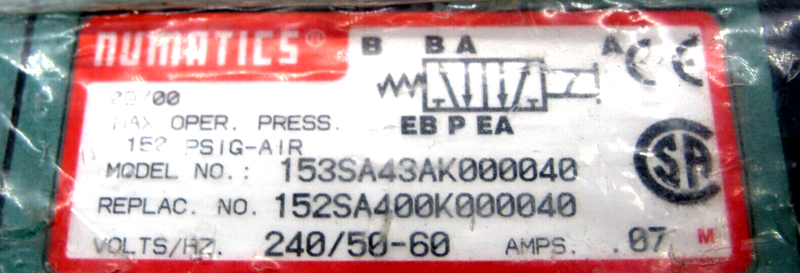 NEW NUMATICS 153SA43AK000040 152SA43AK SOLENOID VALVE 152SA43AK - SB ...