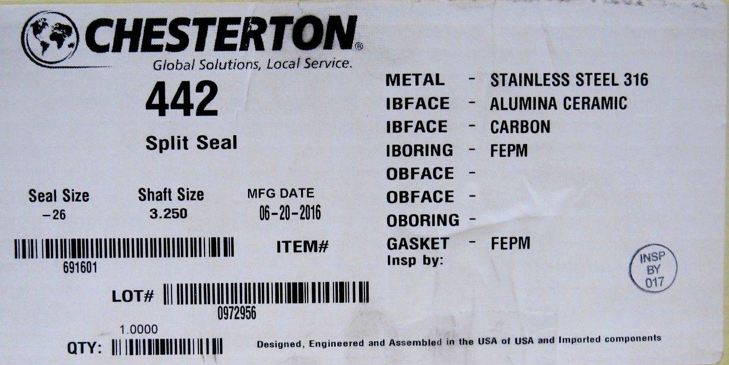 NEW CHESTERTON 442 SPLIT SEAL KIT SHAFT SIZE 3.250 SEAL SIZE -26 - SB ...