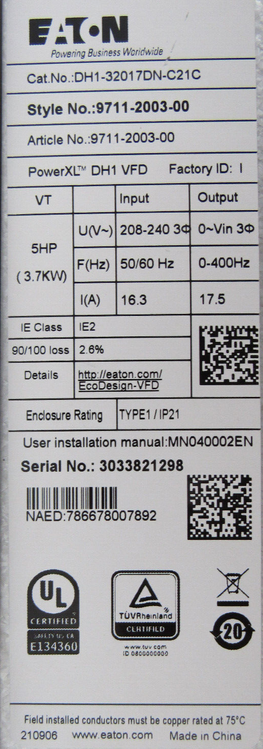 NEW EATON DH1-32017DN-C21C DRIVE 5HP DH132017DNC21C - SB Industrial ...