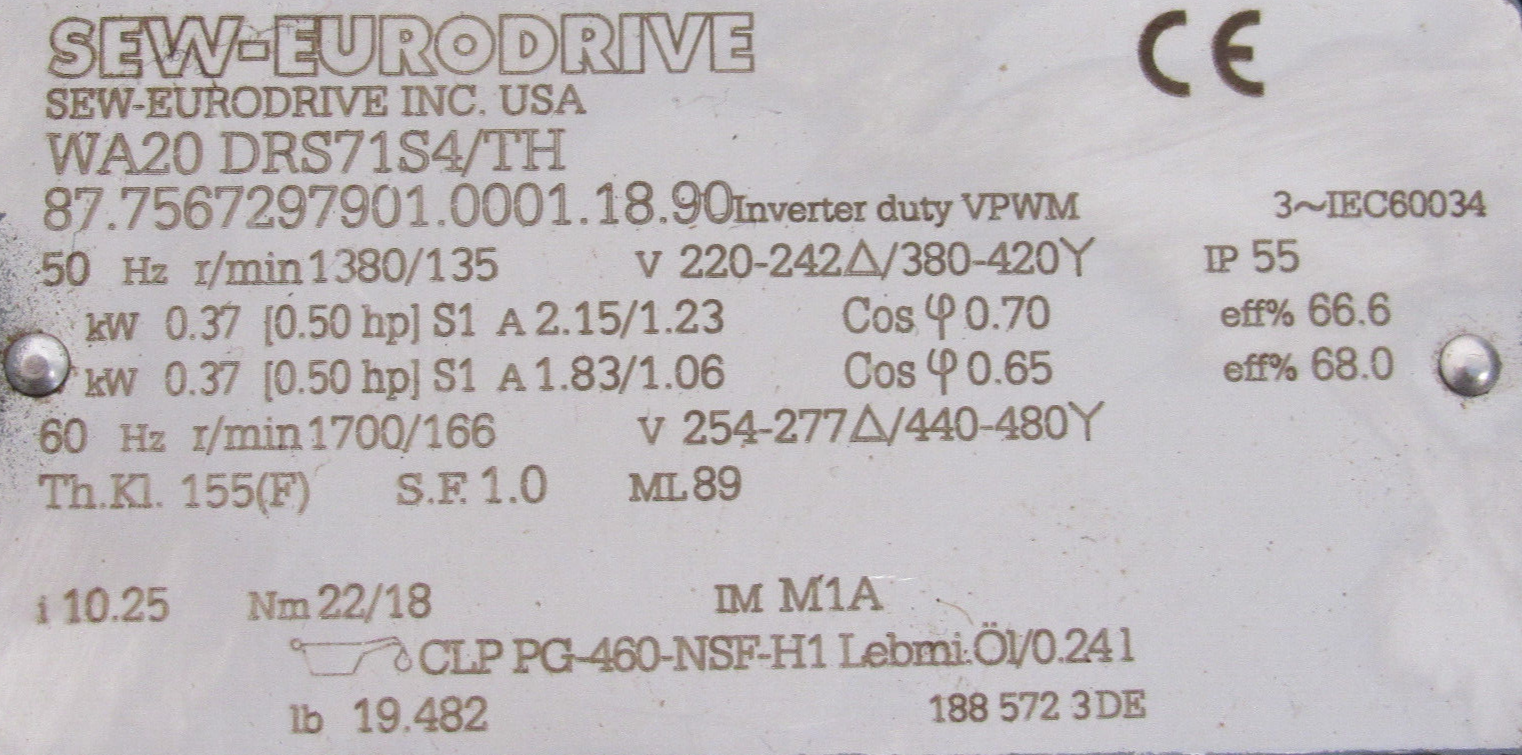 NEW SEW EURODRIVE WA20 DRS71S4/TH GEARMOTOR 10.25:1 WA20DRS71S4TH - SB ...