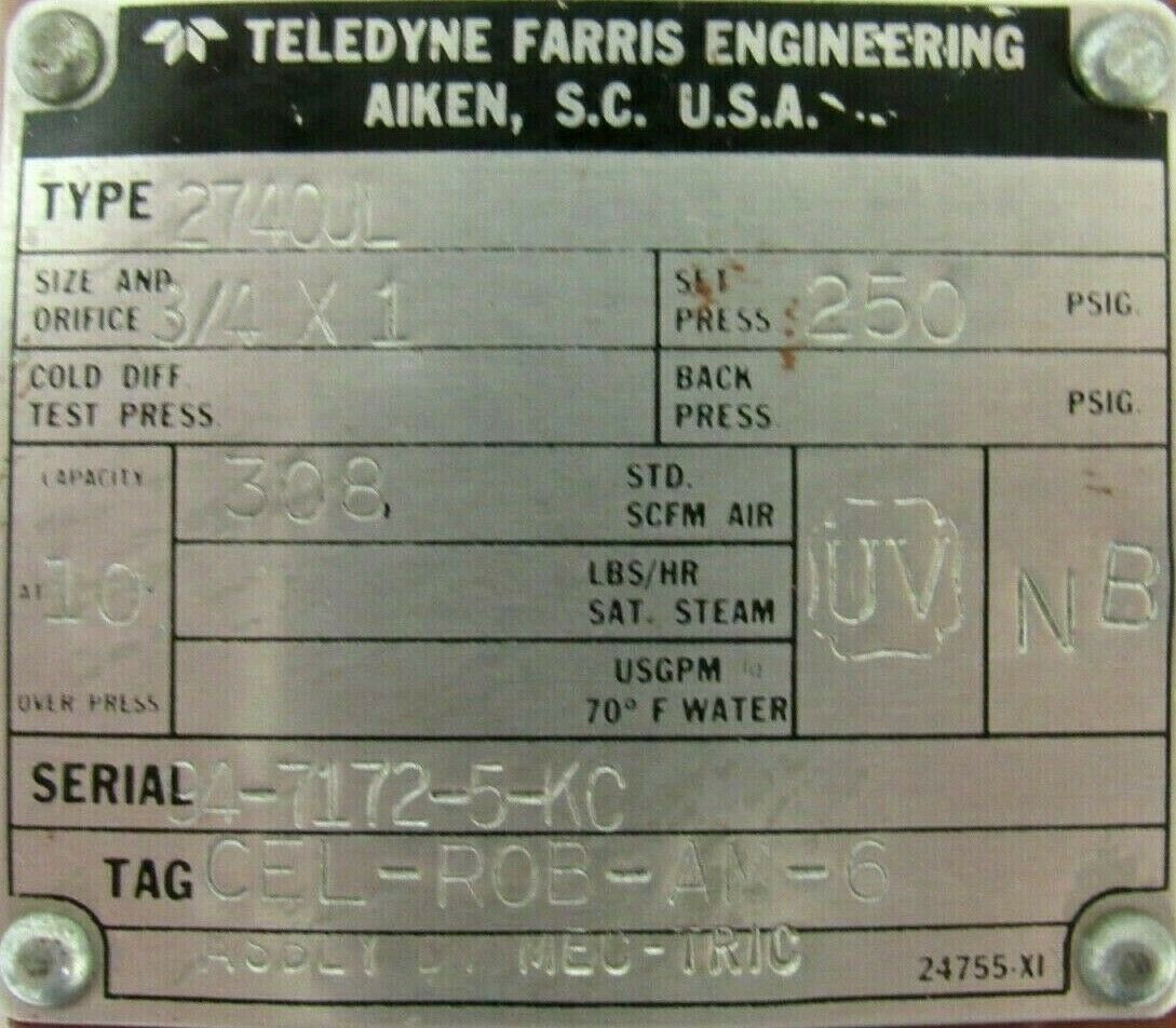 NEW TELEDYNE FARRIS 2740UL RELIEF VALVE 3/4x1 SET PRESSURE 250 - SB ...