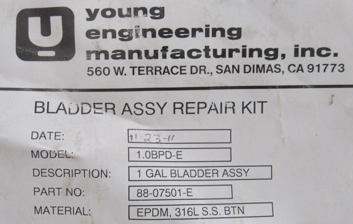 NEW YOUNG ENGINEERING 1.0BPD-E BLADDER REPAIR KIT 1 GAL 88-07501-E - SB ...