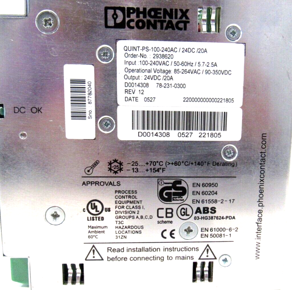 USED PHOENIX CONTACT QUINT-PS-100-240AC/24DC/20A POWER SUPPLY 2938620 ...