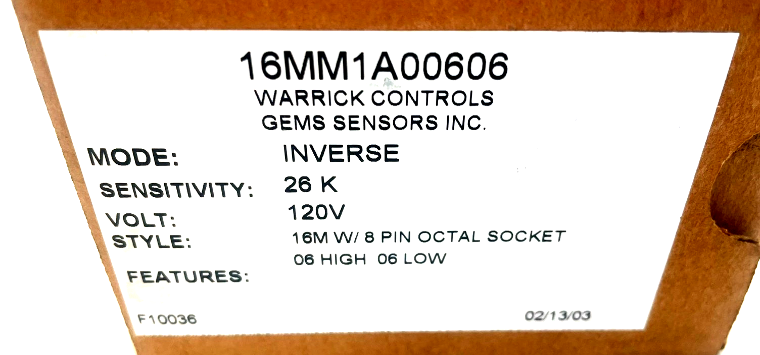 NEW GEMS WARRICK CONTROLS 16MM1A00606 RELAY 16M W/8 PIN OCTAL SOCKET ...