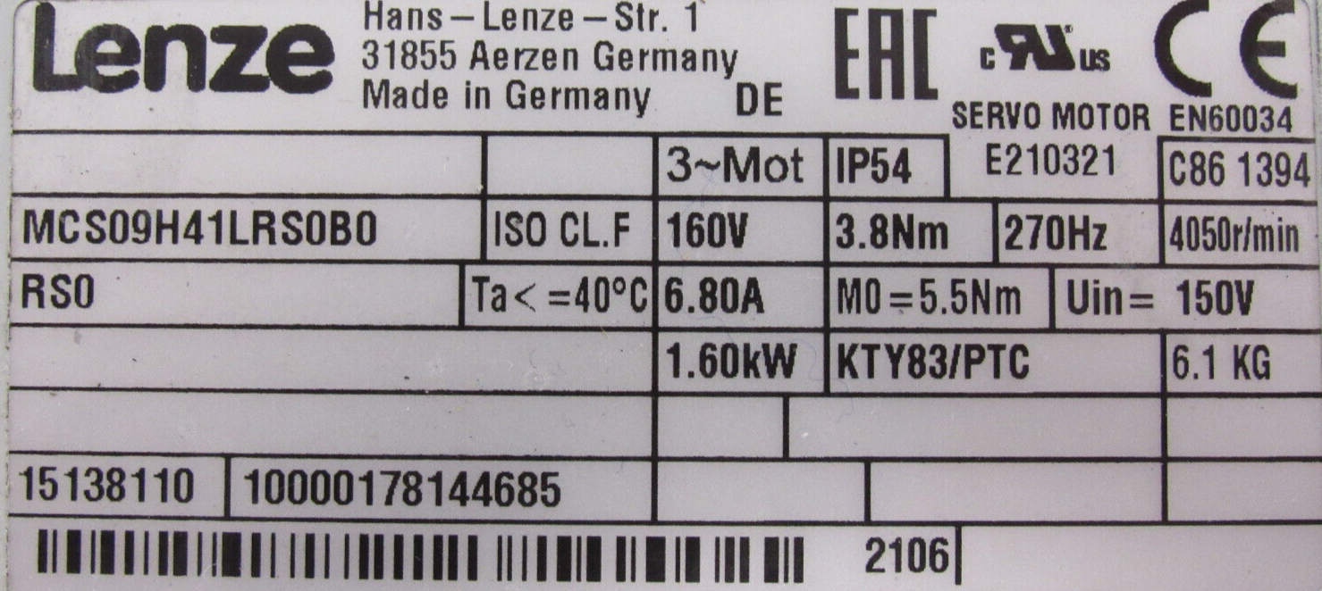 NEW LENZE MCS09H41LRS0B0 SERVO MOTOR MCS09H41LRS0B0RS0 - SB Industrial ...