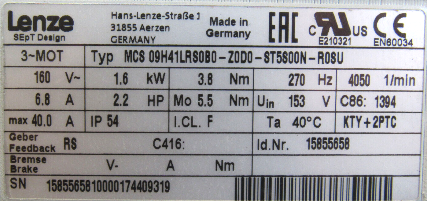 REFURBISHED LENZE GST05-2S-VBR-09HC41 SERVO MOTOR ...