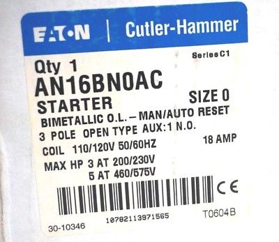 NEW EATON CUTLER HAMMER AN16-BN0AC STARTER SER.C1 SIZE 0 AN16BN0AC - SB ...