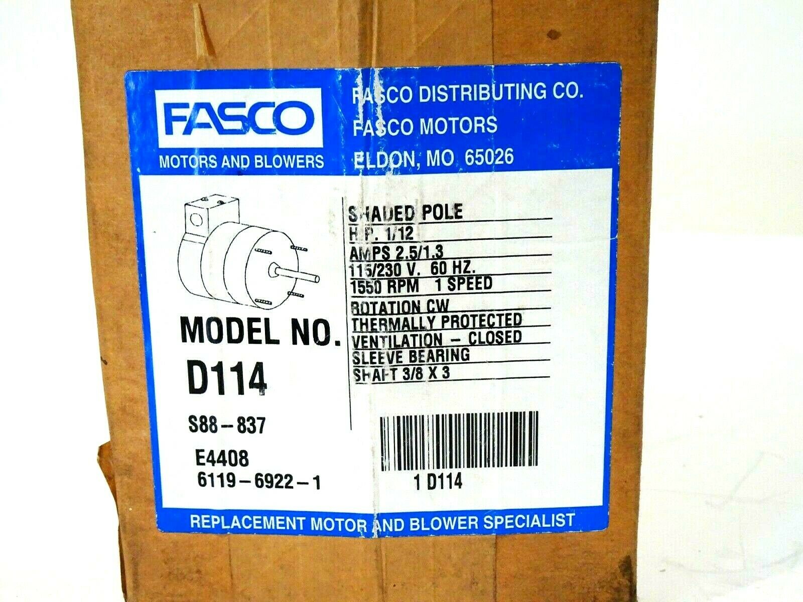 NEW FASCO MODEL D114 SHADED POLE MOTOR 1/12 H.P. 1550 R.P.M. - SB ...