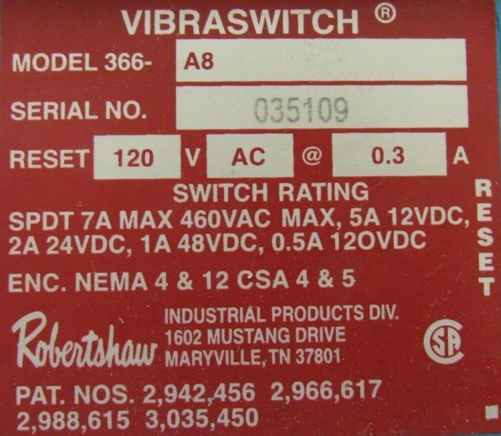 NEW ROBERTSHAW 366-A8 VIBRATION SWITCH 366A8 - SB Industrial Supply, Inc.