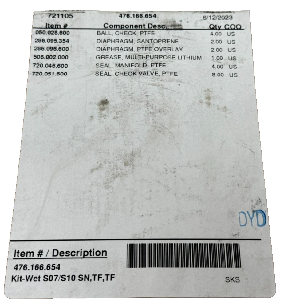 NEW SANDPIPER 476.166.654 PUMP KIT WET S07/S10 SN TF TF - SB Industrial Supply, Inc.