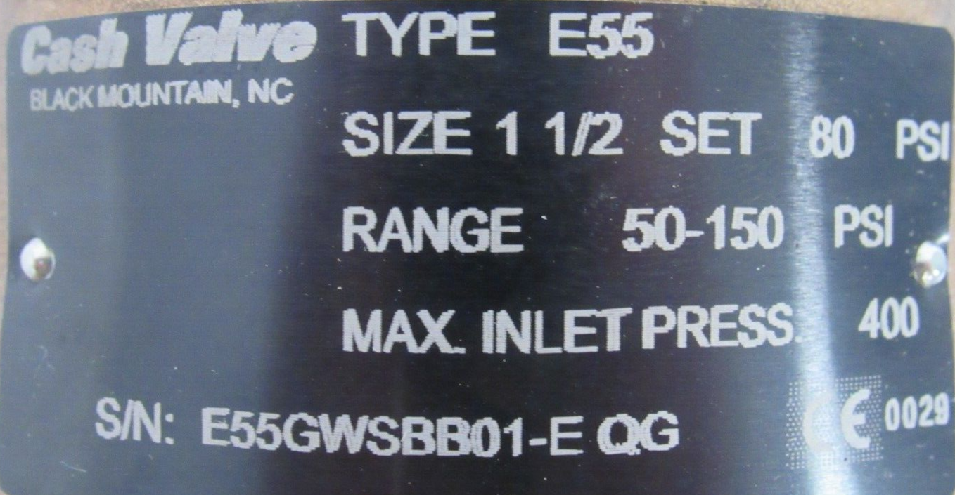 NEW CASH VALVE E55 PRESSURE REGULATOR 1-1/2" 50-150PSI SET 80PSI - SB ...